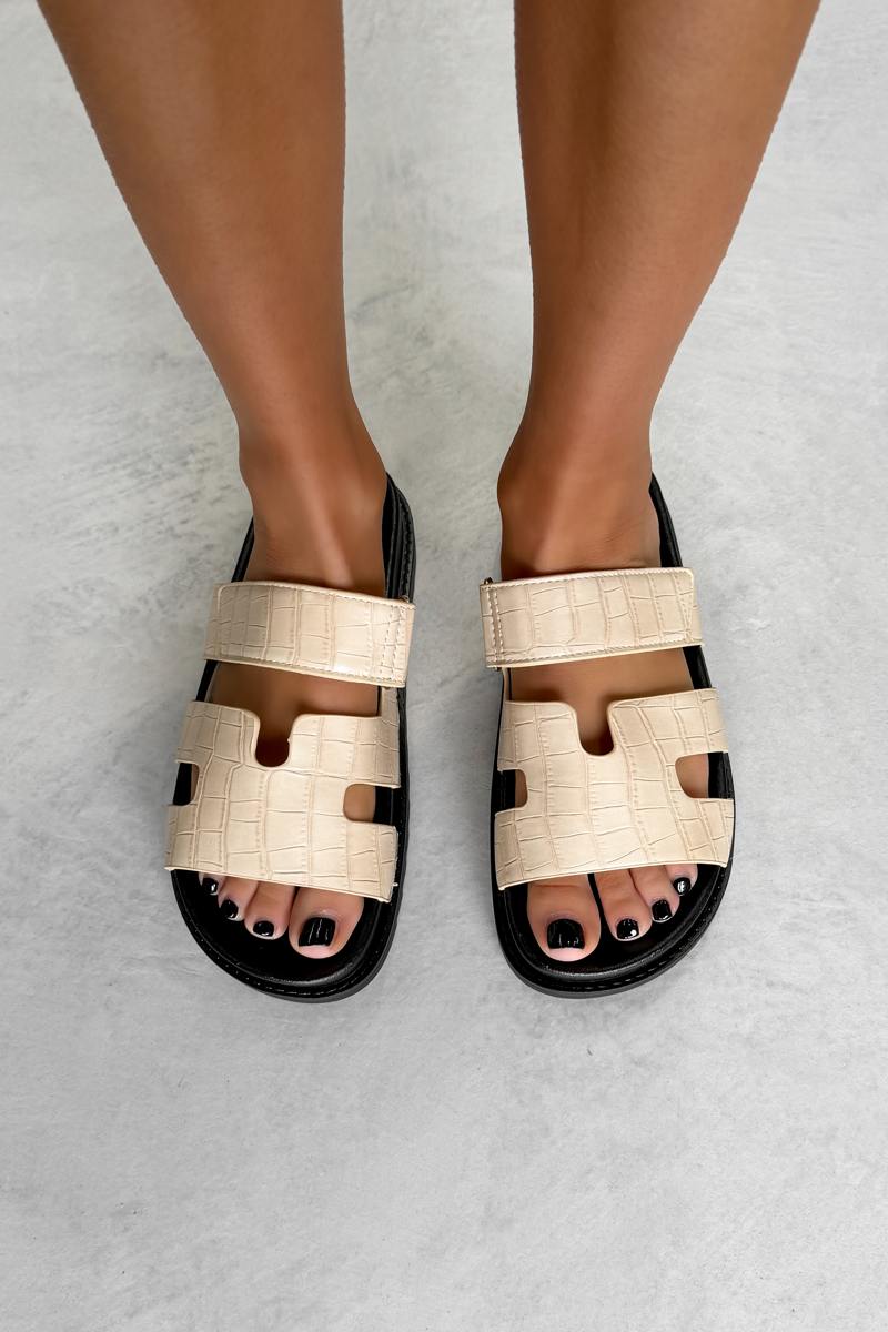 INDIE Gladiator Strap Slider Sandals - Beige Croc – AJ VOYAGE
