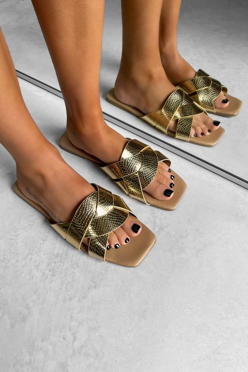 MYKONOS Woven Strap Flat Slider Sandal - Gold – AJ VOYAGE