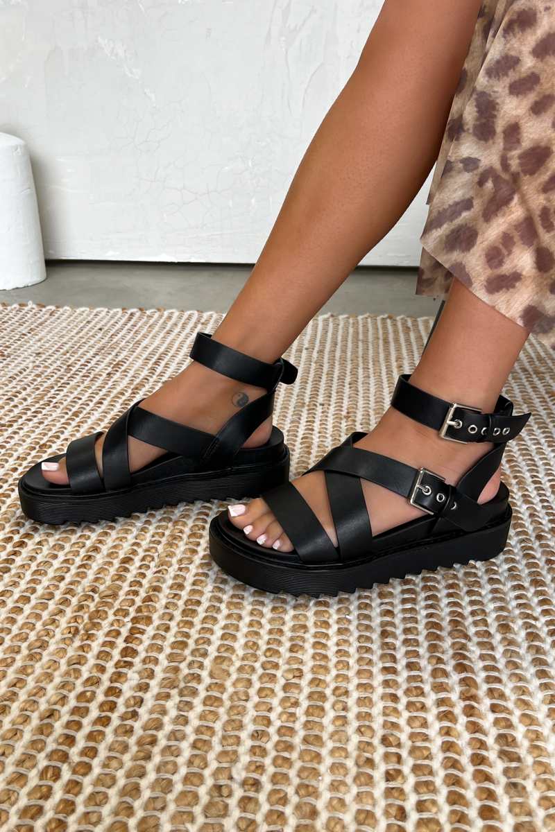 Chunky Buckle Gladiator Sandals - Black – AJ VOYAGE